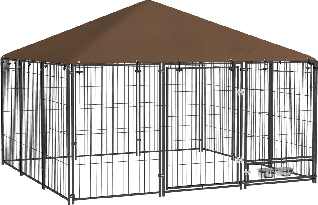 PawHut Expandér pro psy s plachtou - venkovní kovové oplocení pro domácí mazlíčky s otáčecím krmítkem a 2 miskami pro terasu, zahradu 211x211x151 cm Č