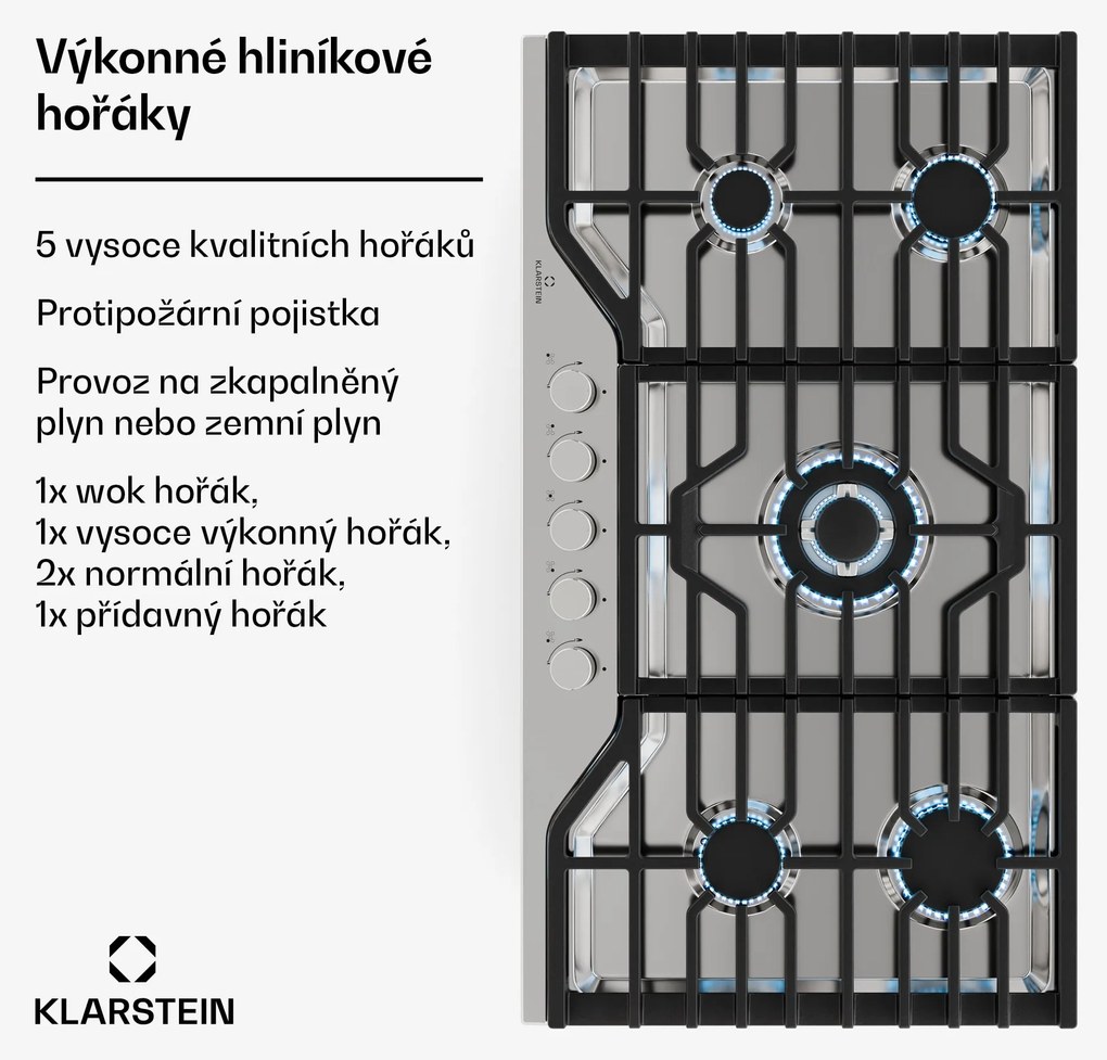 Klarstein Plynová varná deska Turbocast, 304 nerezová ocel, 5 hořáků, profesionální litinový držák, hořák wok