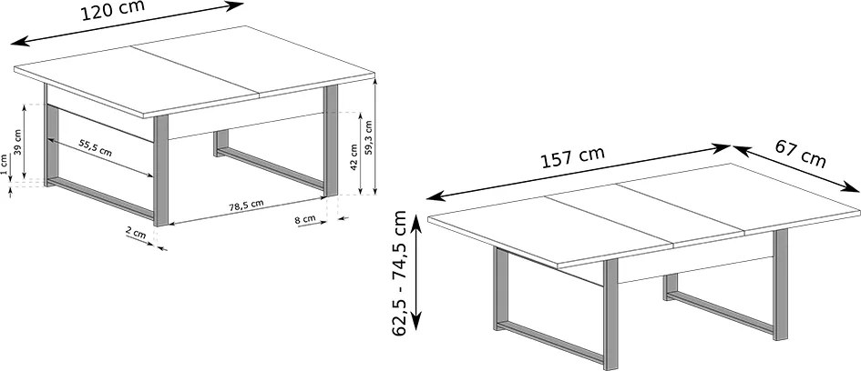 Rozkládací polohovací konferenční stolek HOGO 3v1 | 120-157x62,5-74,5x67 cm | síla horní desky 32 mm | dub artisan/černé nohy
