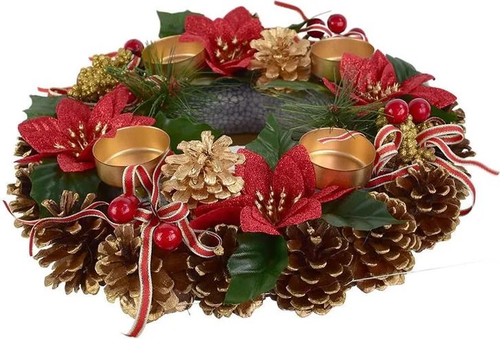 Adventní šiškový věnec POINSETTIA s mašlí 30 cm