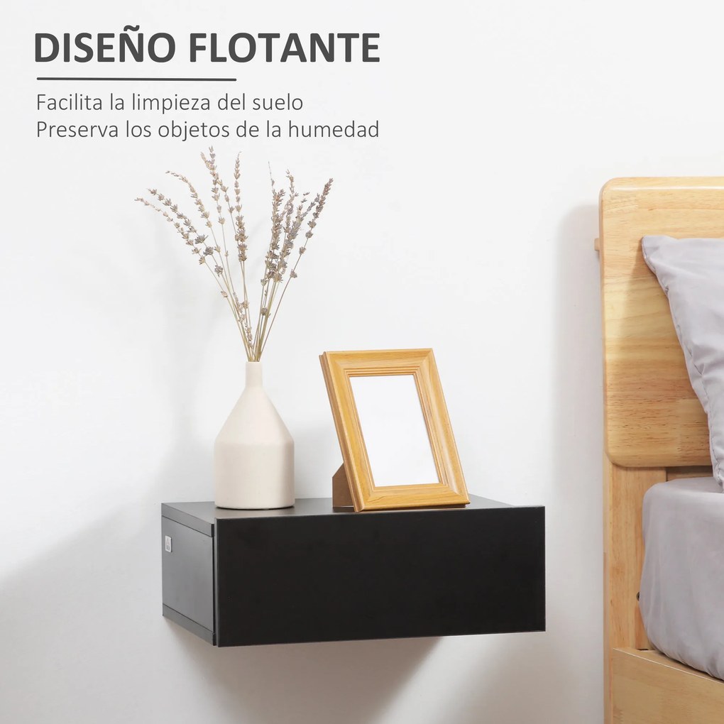 HOMCOM Sada 2 floating nočních stolků s 1 zásuvkou, nástěnný design, moderní styl pro ložnici 40x30x15 cm černá