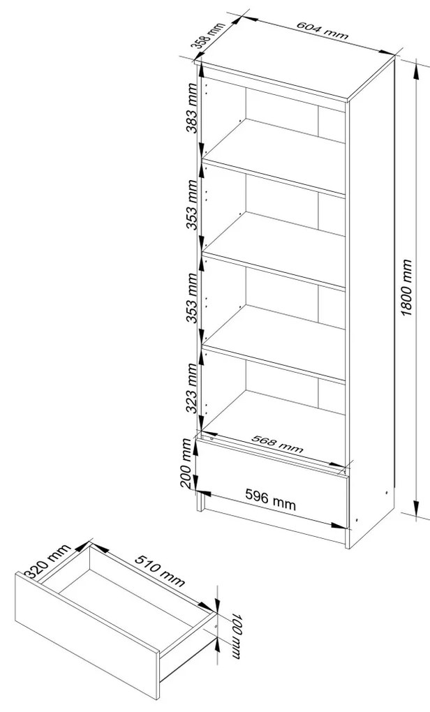 Kancelářský regál Rexa 60 cm 1 šuplík a 4 police bílý/červený