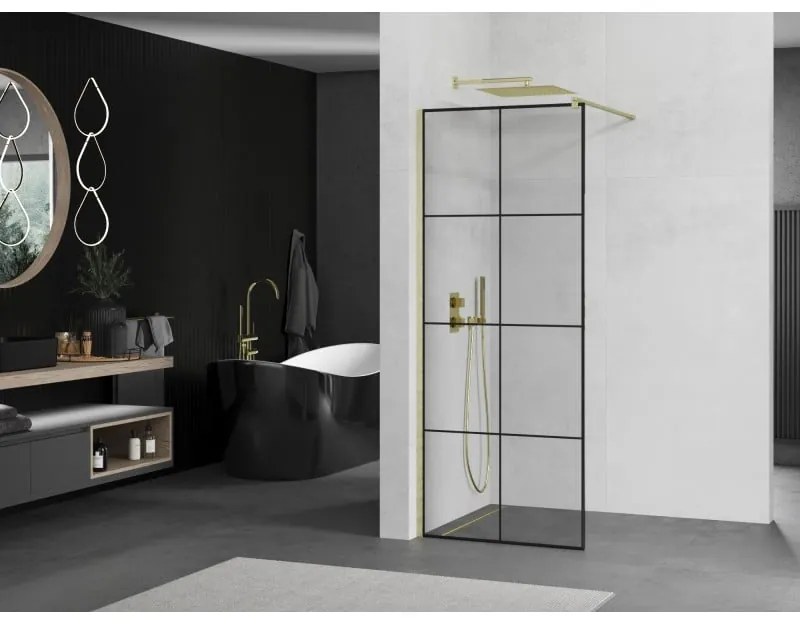 Mexen Kioto, sprchová zástěna Walk-In 70 x 200 cm, 8mm čiré sklo černý vzor, zlatý matný profil, 800-070-101-55-77