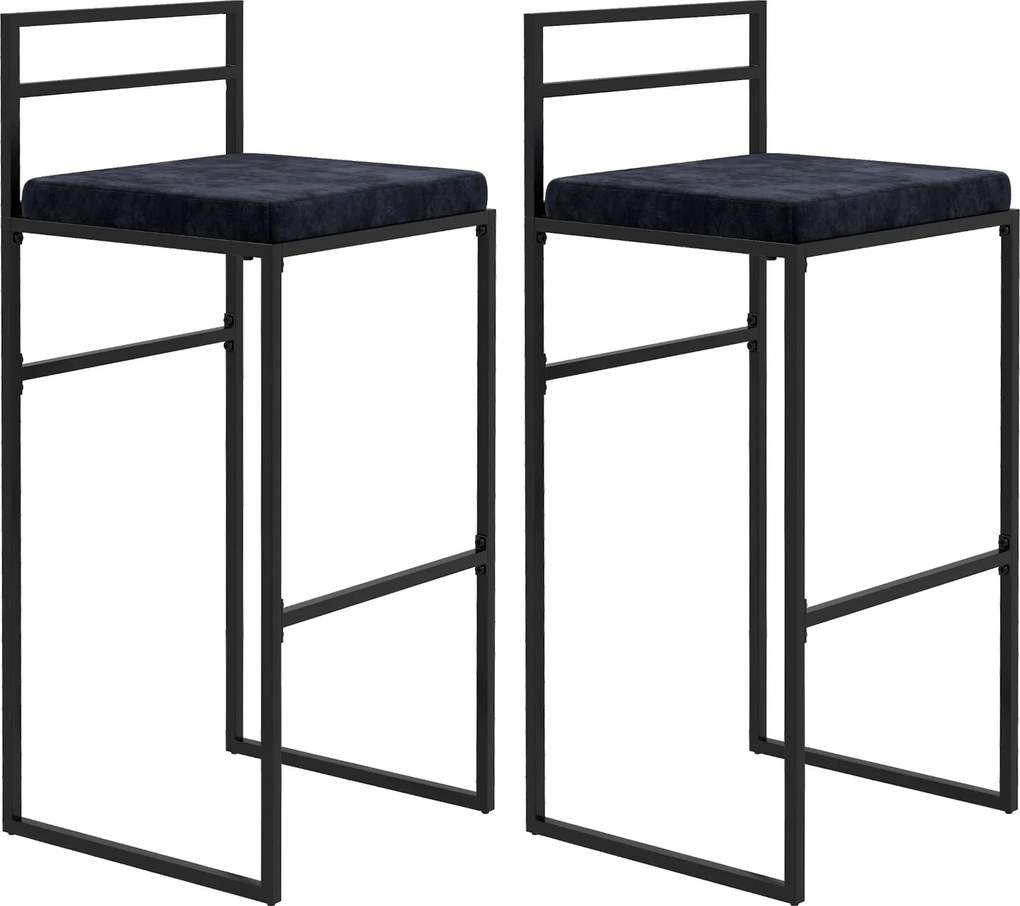 HOMCOM Sada 2 vysokých židlí, barových stoliček, výška 74 cm, ocelová konstrukce, sametový sedák, opěrka na nohy, barové židle, elegantní moderní styl