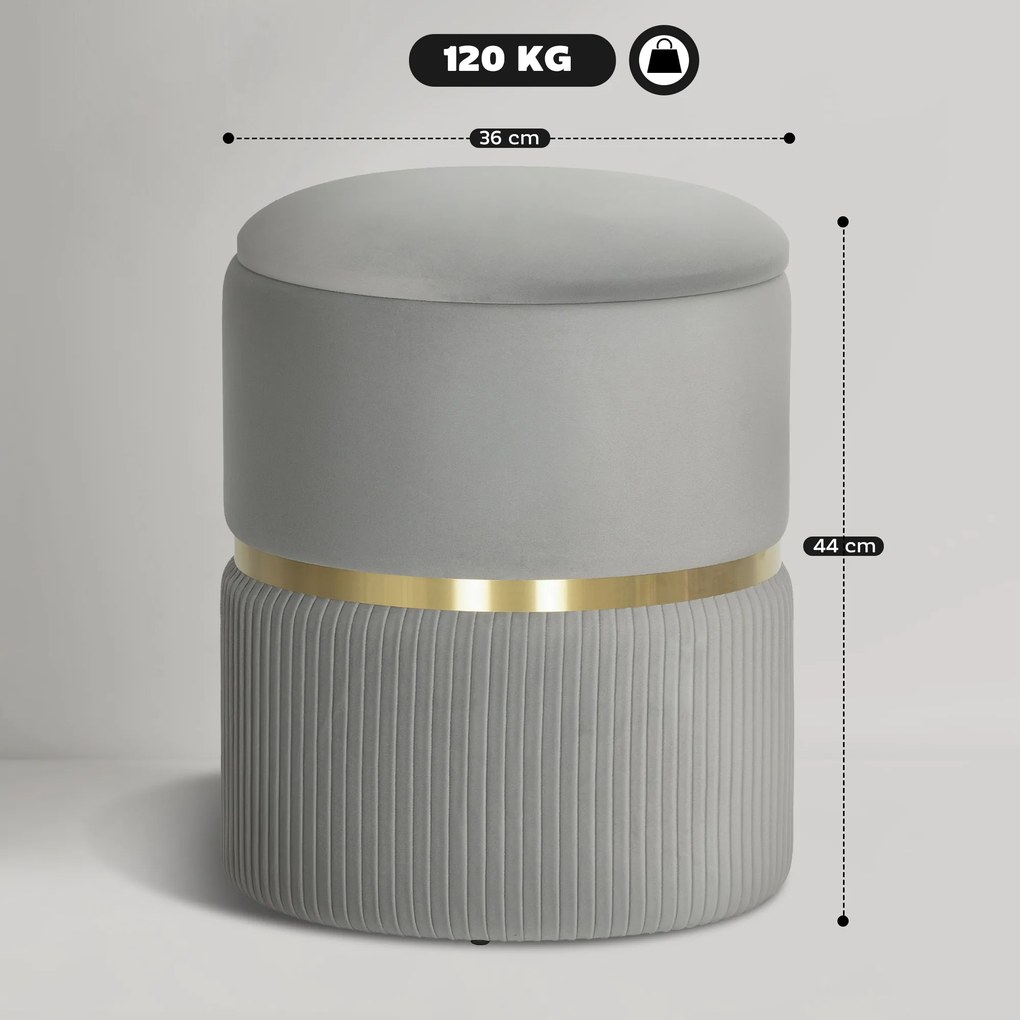 HOMCOM kulatý úložný taburet se sametovým potahem a odnímatelným víkem — 36.1 × 36.1 × 43.9 cm, světle šedý