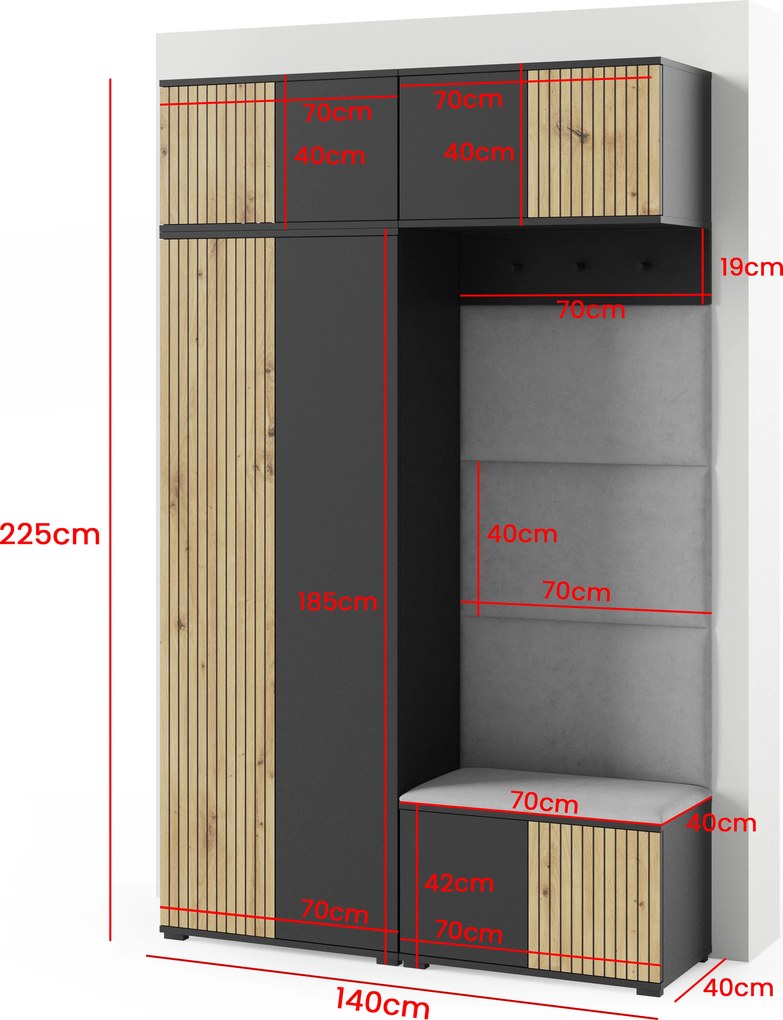 Eka Předsíňová stěna s čalouněnými panely Joey 3 - Černá a Dub Artisan / Okrová 2325