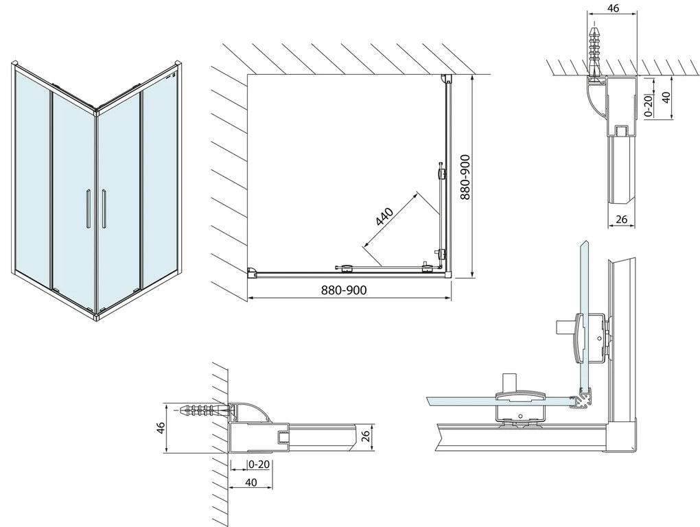 Polysan, LUCIS LINE čtvercová sprchová zástěna 900x900mm, čiré sklo, DL1615