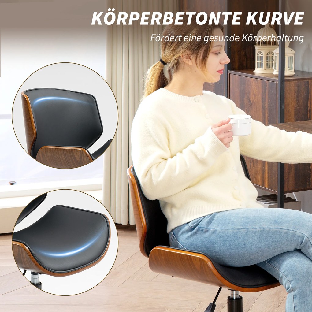 HOMCOM mid-century kancelářská židle bez područek — ergonomická, výškově nastavitelná, 360° otočná, PU, černá/ořech