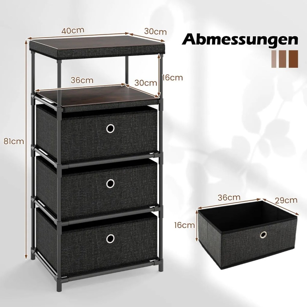 Costway Komoda s 3 zásuvkami Látková komoda s dřevěnou deskou – 40 × 30 × 81 cm