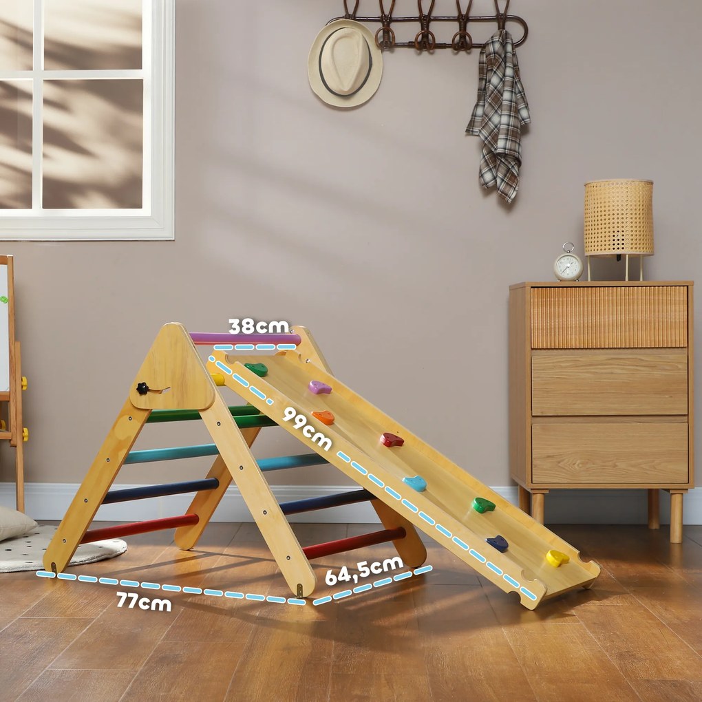 AIYAPLAY Skládací dřevěný lezecký trojúhelník 3v1 pro děti ve věku 18-48 měsíců se skluzavkou nebo rampou 147x64,5 cm Multi-barva