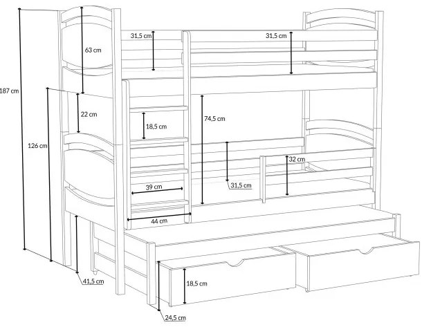 Dětská patrová postel z masivu borovice EMA s přistýlkou a šuplíky - 200x90 cm - PŘÍRODNÍ BOROVICE