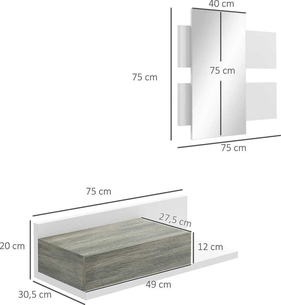 HOMCOM Sada nábytku do vstupní haly s zrcadlem a zásuvkou, moderní styl 75x3,5x75 cm a 75x30,5x20 cm, bílá a šedá