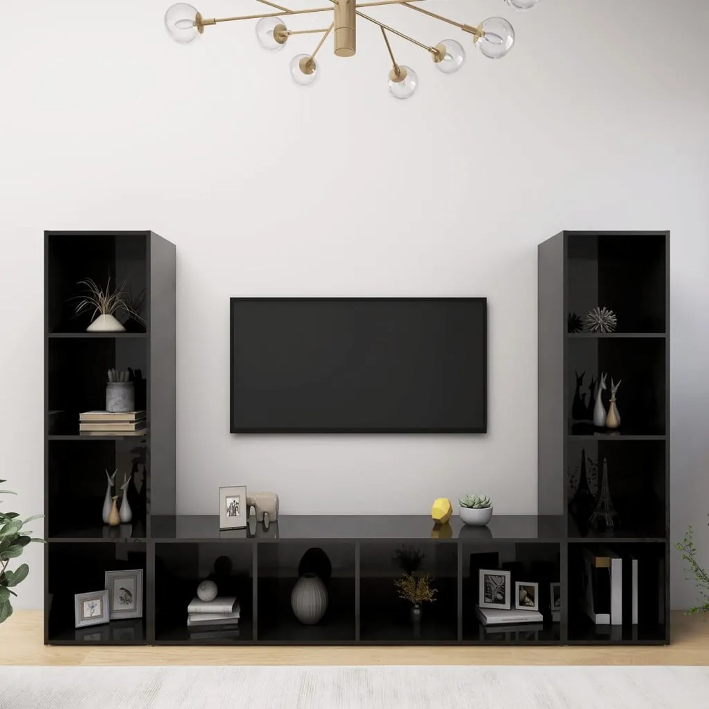 3079959 vidaXL TV skříňky 3 ks černé vysoký lesk 142,5x35x36,5 cm dřevotříska