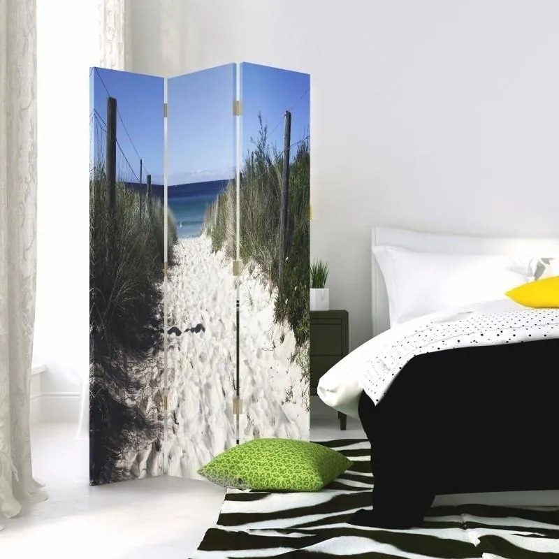 Ozdobný paraván Písečná tráva na mořské pláži - 110x170 cm, třídílný, obustranný paraván 360°