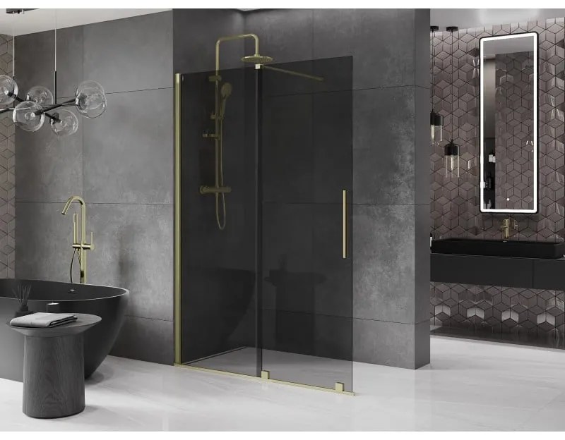 Mexen Velar, sprchová zástěna s posuvnými dveřmi Walk-in 130 x 200 cm, 8mm šedé sklo, zlatá matná, 871-130-000-43-55