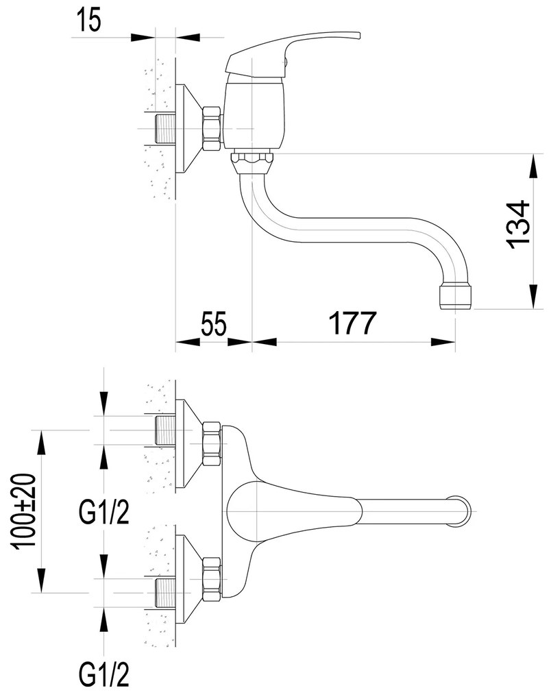 Aqualine, AQUALINE 35 nástěnná baterie, 100mm rozteč, ramínko-S, chrom, 52232