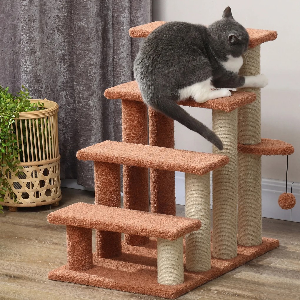 PawHut 4stupňové schody pro kočky se škrabadlem pro domácí mazlíčky do 5 kg, schody pro psy s míčkem na hraní, plyš, hnědá, 60 x 40 x 64 cm
