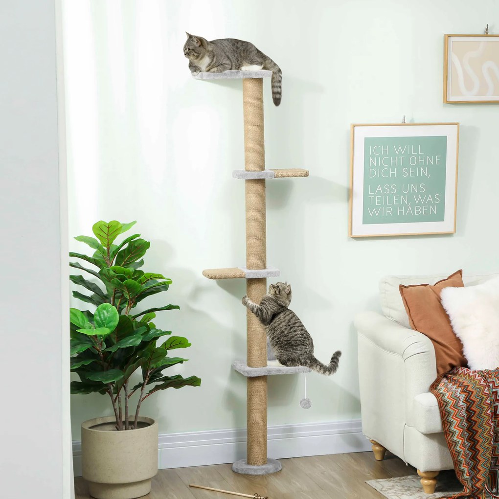 PawHut Kočičí škrabadlo, 5úrovňový design, hračky, sisalové sloupky, plyšová látka, světle šedé