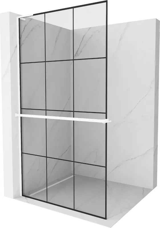 Mexen Kioto+ L, sprchová zástěna Walk-In s poličkou a věšákem 100 x 200 cm, 8mm čiré sklo černý vzor, ​​bílý profil, 800-100-123-20-77