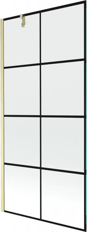 Mexen Next, 1-křídlová vanová zástěna 90 x 150 cm, 6mm čiré sklo - černý vzor, zlatá matná, 895-090-000-00-77-55