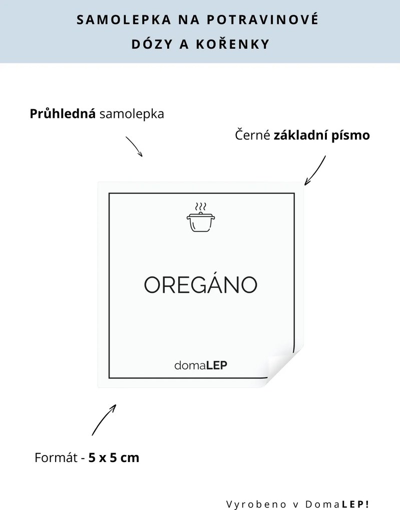 Samolepka na kořenky OREGÁNO průhledná 5 × 5 cm základní písmo