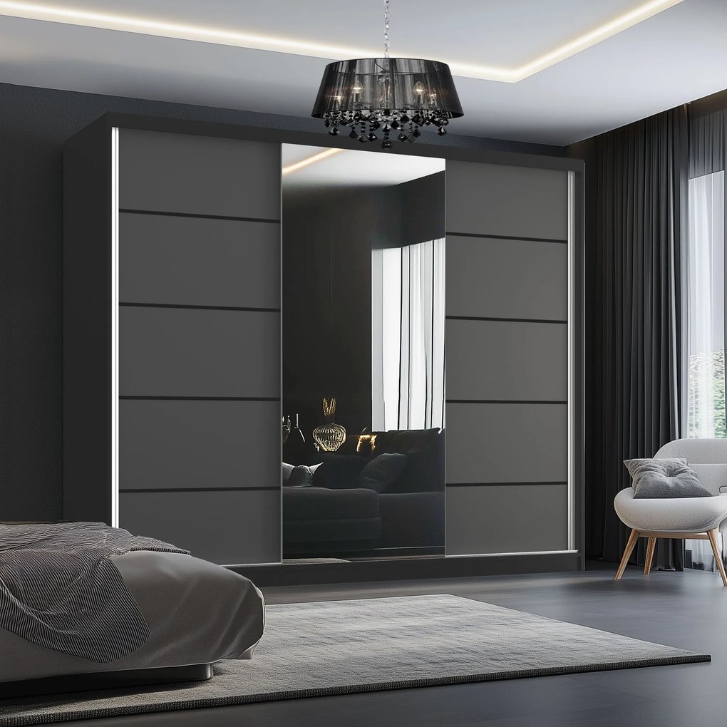 Šatní skříň SERENITY 232 cm Belini černý mat / šedý mat s posuvnými dveřmi a zrcadlem  MBP SERENITY SZP8/0/B/SR/0/HIAL