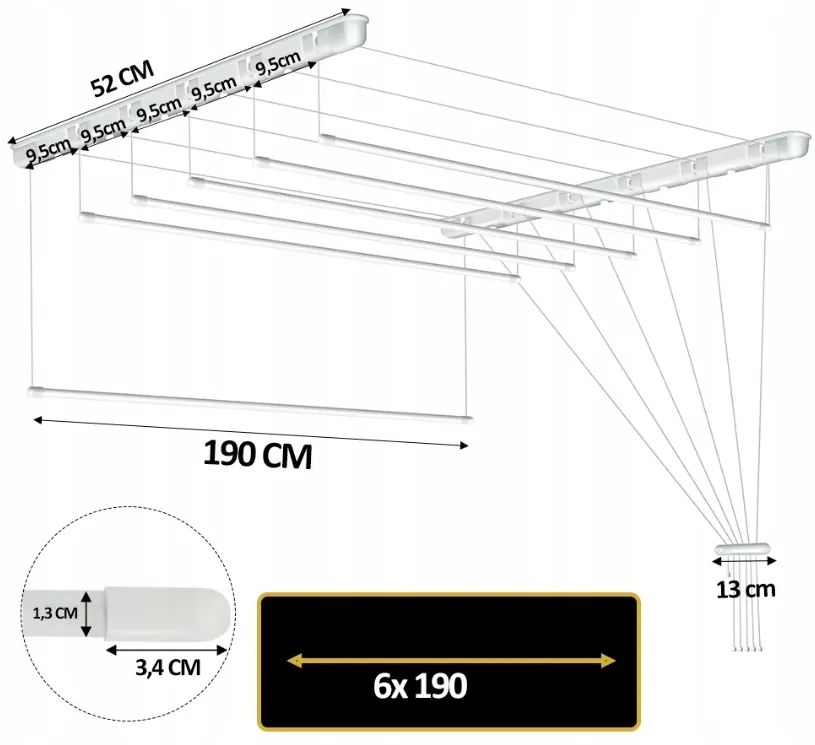 Erga Erga, stropní věšák na sušení prádla 6x190 cm, bílé, ERG-SEP-10SUSSUF6PP19