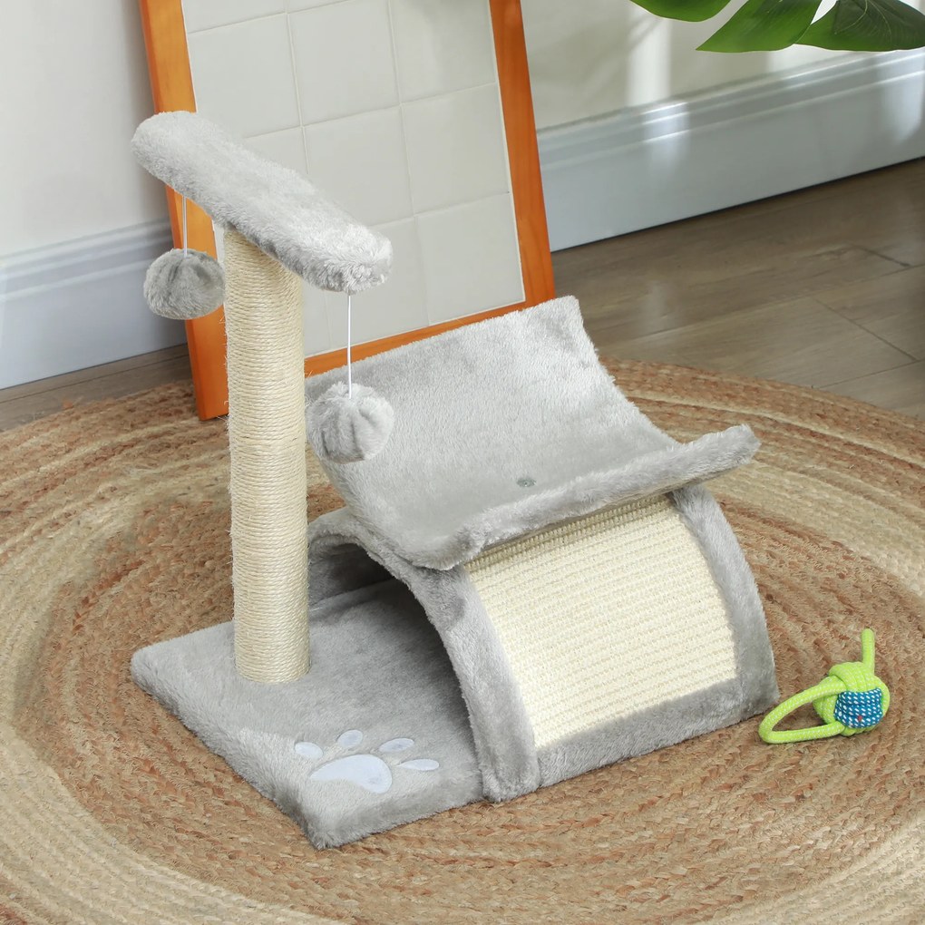 PawHut kočičí strom malý, 43H cm, do 10 kg, s lehací plochou, tunelem, míčkem na hraní, sisal, světle šedý