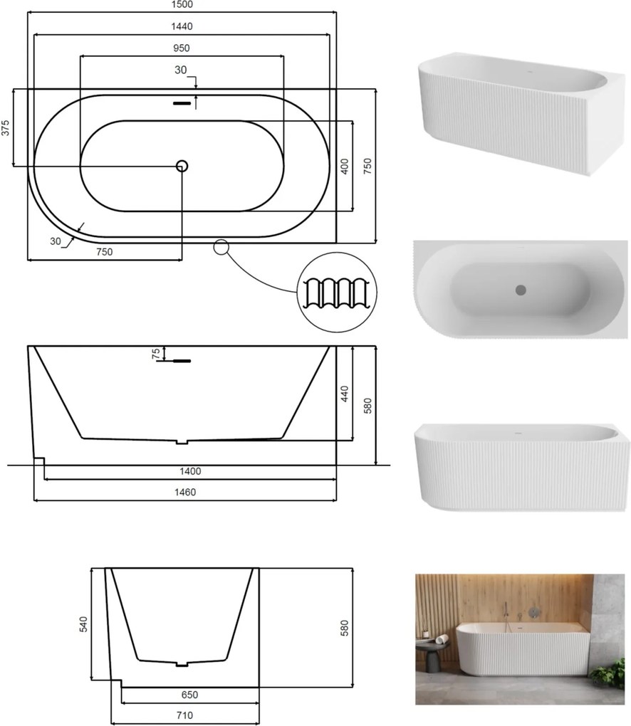 Besco Denaya vana asymetrická volně stojící 150 x 75 cm pravá sifon s přepadem černá barva černá bílá VANDENA150BWPB