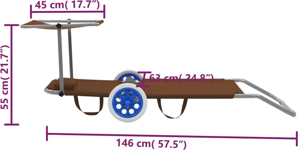 vidaXL Marketos Skládací zahradní lehátko se stříškou a kolečky ocel taupe
