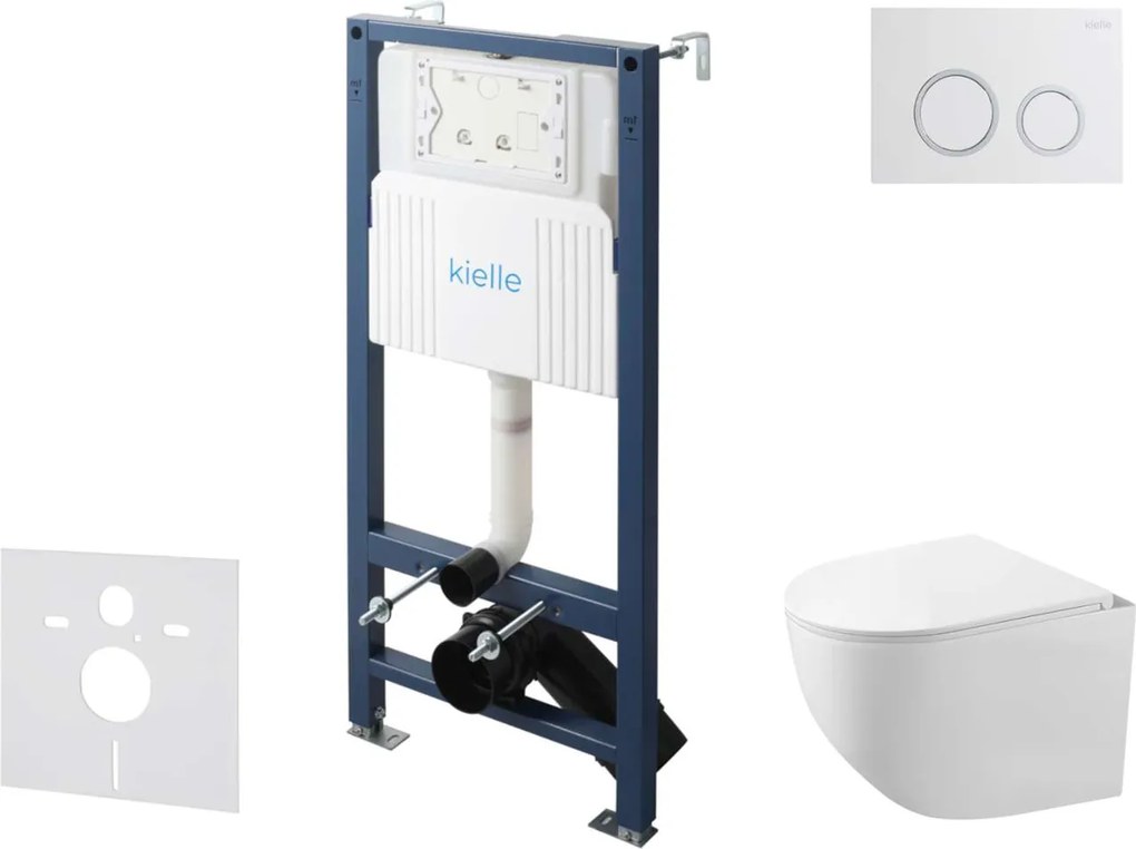 kielle Genesis New - Set předstěnové instalace, kompaktního klozetu Gaia, Rimless, sedátka softclose a tlačítka Gemini New II, lesklá bílá/chrom 30528SS85