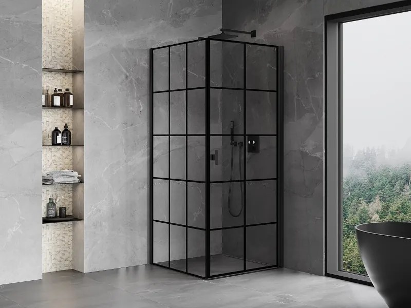 Mexen Mist-B, 1-křídlý výklopný sprchový kout, pravý, 80 x 80 cm, čiré sklo-černá mřížka, 8A2T-080-080-70-77-P