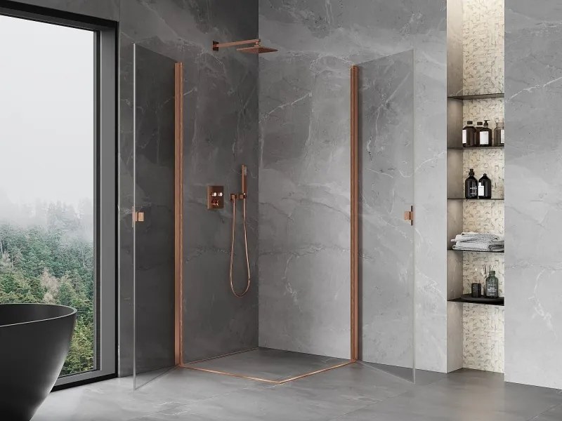 Mexen Mist-B Duo, 2-křídlý výklopný sprchový kout 85 x 85 cm, čiré sklo, měděný matný profil, 8A2-085-085-65-00