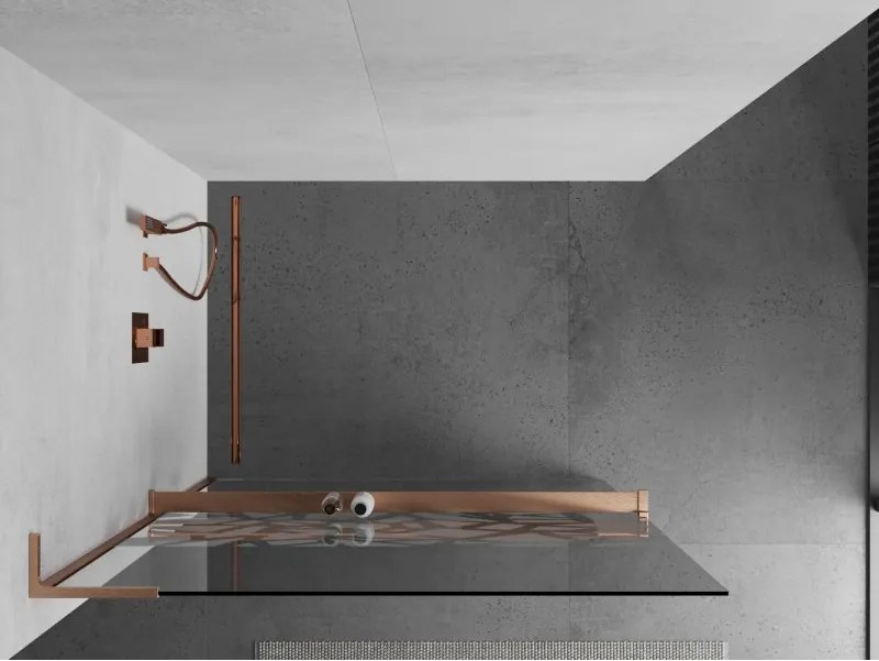 Mexen Kioto+ L, sprchová zástěna Walk-In s poličkou a věšákem 70 x 200 cm, 8mm čiré sklo bílý vzor, ​​měděný matný profil, 800-070-123-65-85