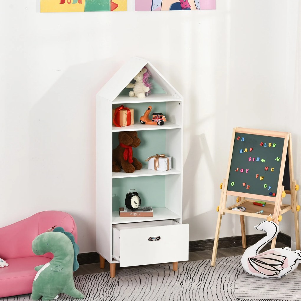 HOMCOM Dětská knihovna Dřevěná knihovna pro děti na knihy, hračky a DVD s 4 policemi a 1 zásuvkou Dvoubarevný kompaktní design 50x30x142 cm Bílá