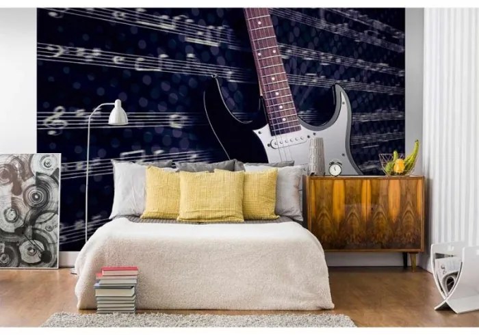 DIMEX | Samolepicí vliesová fototapeta na zeď Elektrická kytara MA-5-0304 | 375 x 250 cm | bílá, fialová, hnědá
