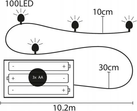 LED řetěz Nano - 10m, 100LED, 8 funkcí, ovladač, 3xAA, IP44, modrá