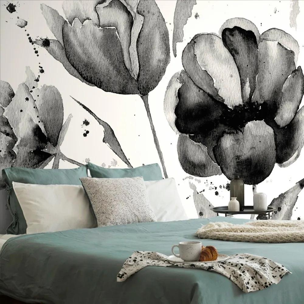 Samolepící tapeta černobílé tulipány v zajímavém provedení - 150x100 cm