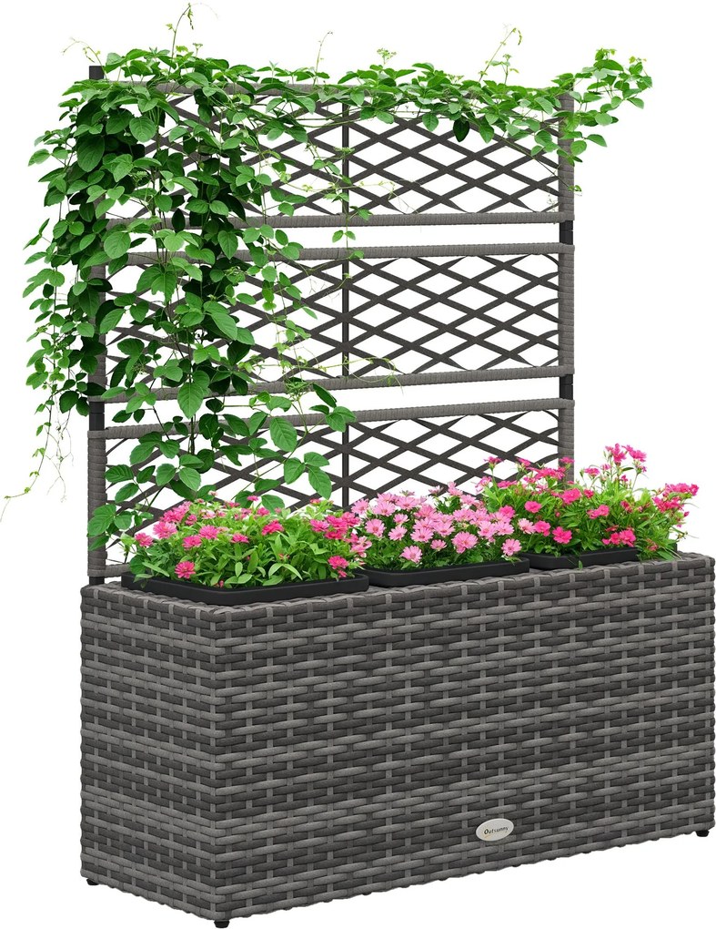 Outsunny Květináč s treláží pro rostliny, 3 nádoby, květinový box 33L, zahradní balkon, patio, terasa, venkovní použití, pletený pryskyřice a ocel, 8…