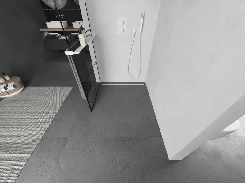 Mexen Kioto+, sprchová zástěna Walk-In s poličkou a věšákem 80 x 200 cm, 8mm čiré sklo černý vzor, bílý profil, 800-080-121-20-77