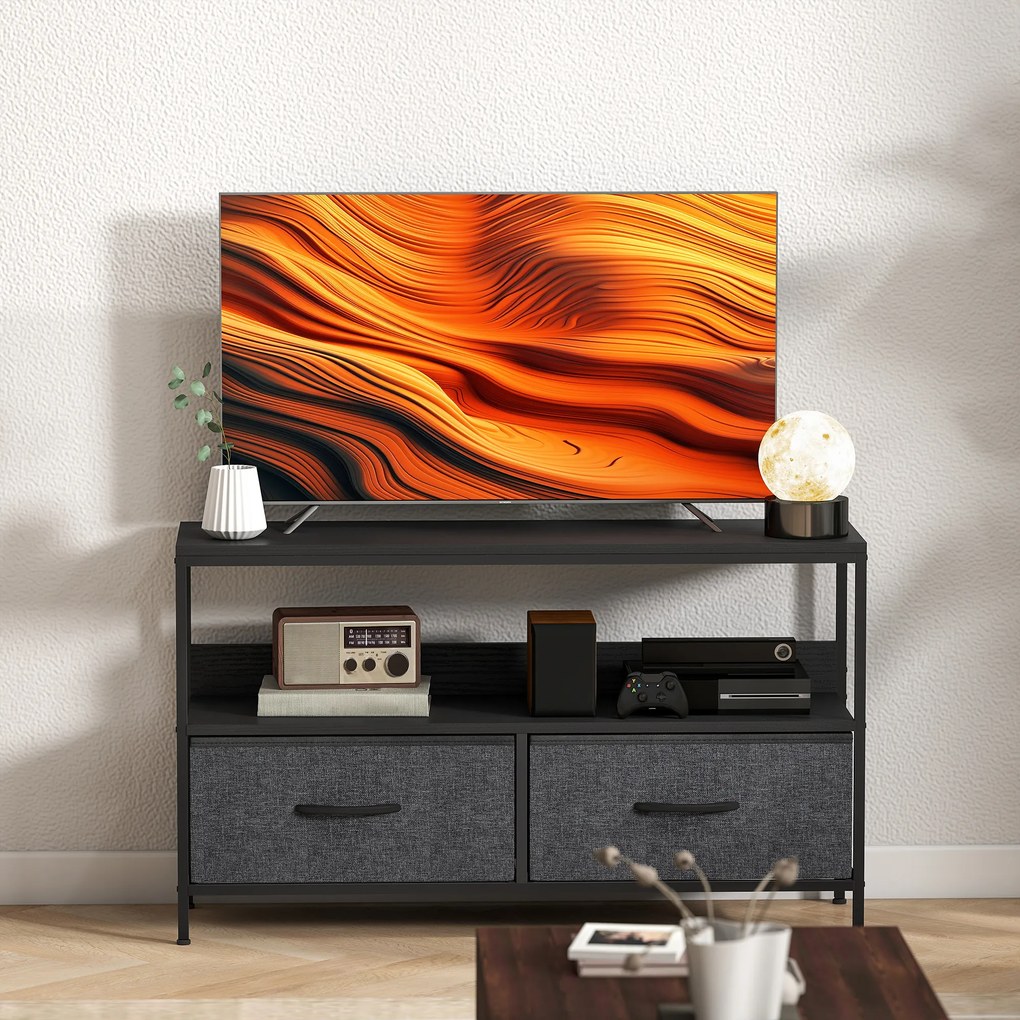 HOMCOM TV skříňka Lowboard se 2 zásuvkami, otevřeným prostorem, pro televizory do 47 palců, 98 x 29 x 56 cm, černá + tmavě šedá
