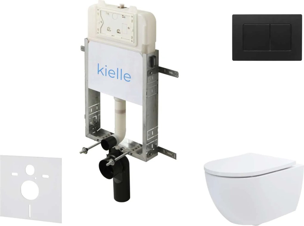 kielle Genesis New - Set předstěnové instalace, klozetu Oudee, Vortex Rimless+, sedátka softclose a tlačítka Gemini New III, matná černá 30502SZ18