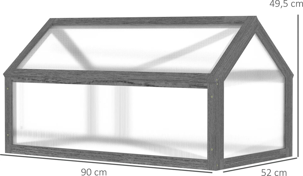 Outsunny Mini skleník, kompaktní rostlinný dům ze dřeva, polykarbonátové desky, větrací otvor, 90L x 52B x 49,5V cm, šedý