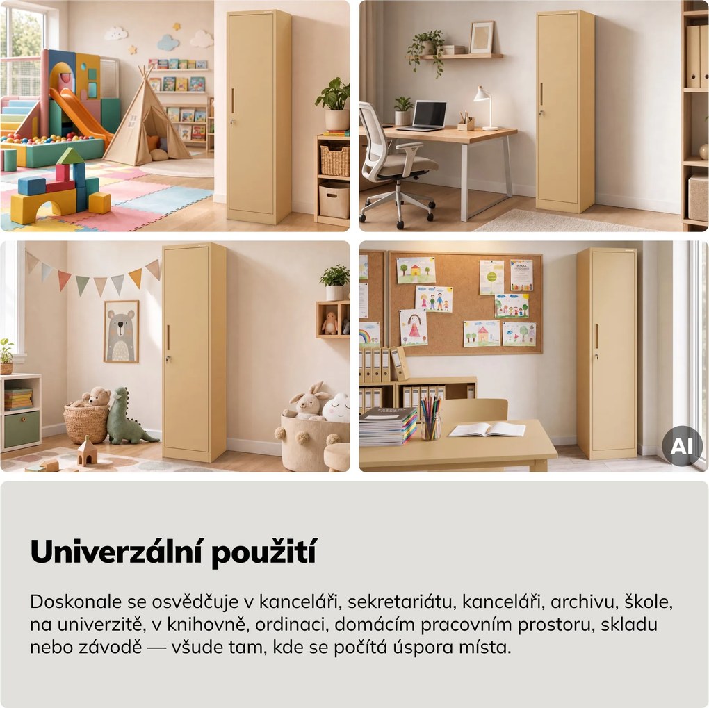 Úzká kovová kancelářská skříň na spisy a dokumenty, béžová, 450x1850x400 mm: ALEX Fresh Style