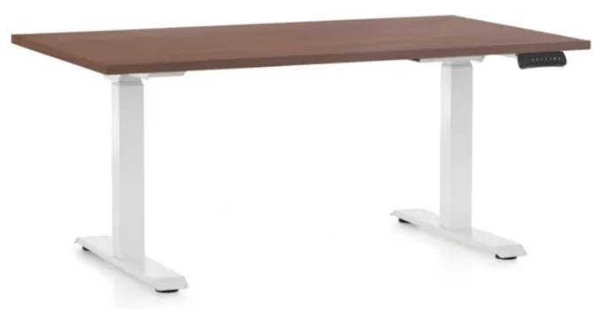 Výškově nastavitelný stůl OfficeTech D, 120 x 80 cm, bílá podnož, ořech
