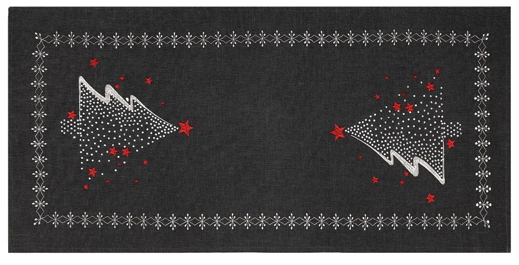 Polyesterový ubrus - vánoční černý se stromečky 40x85 cm