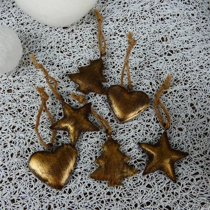 Vánoční kovové ozdoby na zavěšení- zlaté, 3 tvary, 6 ks