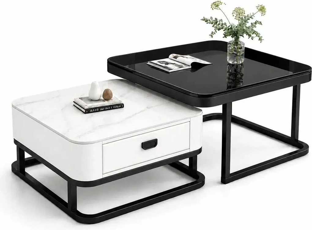 LuxuryForm DESIGN Konferenční stolek ARAGON 70 × 70 / 60 × 60 cm – bílý / bílý mramor + sklo (set 2 ks)