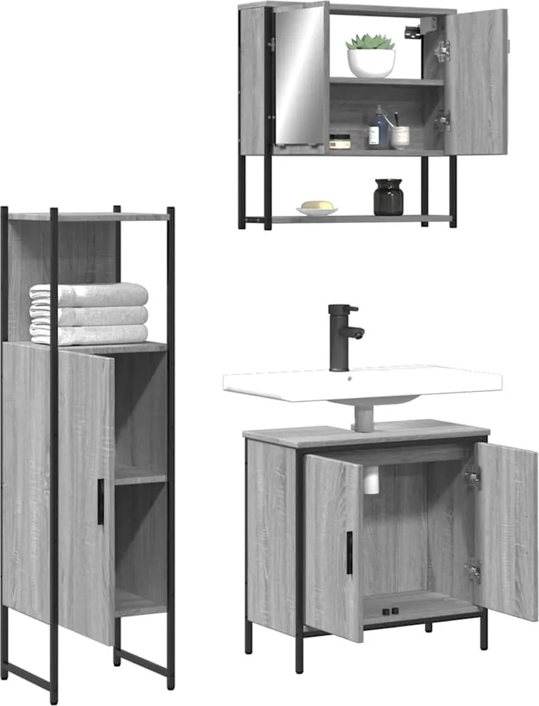 3dílný set koupelnového nábytku šedý sonoma kompozitní dřevo 3214703