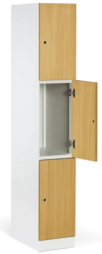 Šatní skříňka S1 s úložnými boxy, 3 boxy, 1850 x 300 x 500 mm, demont, kódový zámek, laminované dveře, dub přírodní